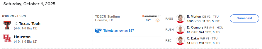 Espn game time change for Tech