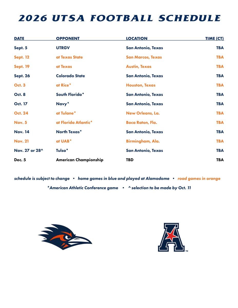 2026 UTSA Football Schedule Announced