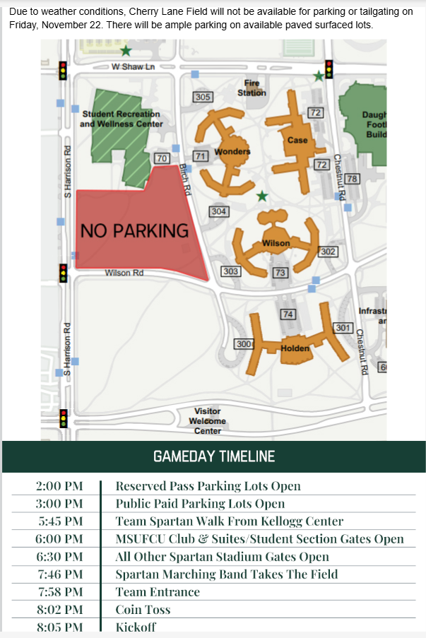 Purdue gameday info- no Cherry Lane field parking