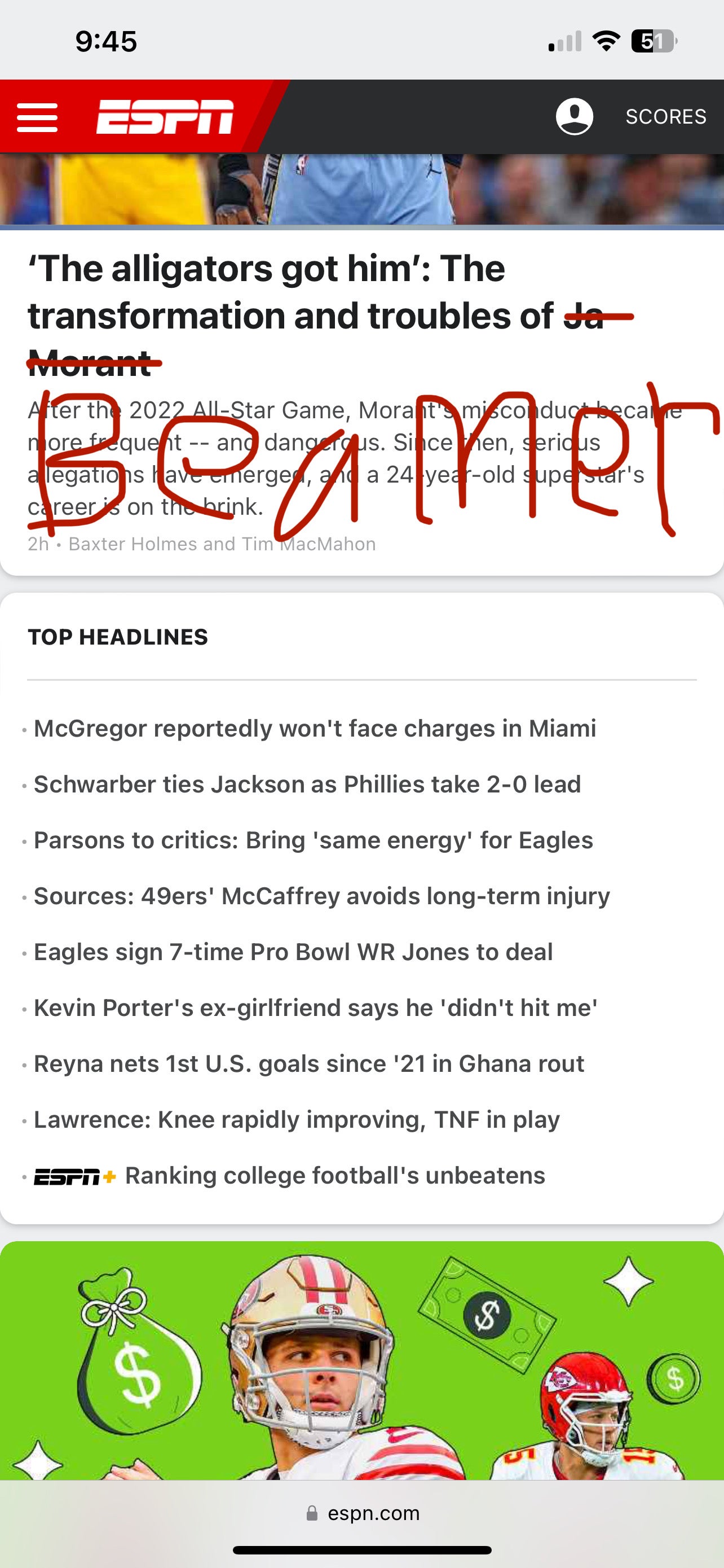 ESPN Front Page Story