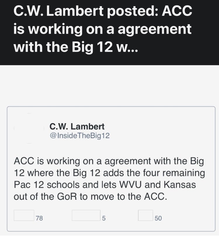 WVU+KU ->ACC, Stanford+Cal -> B12