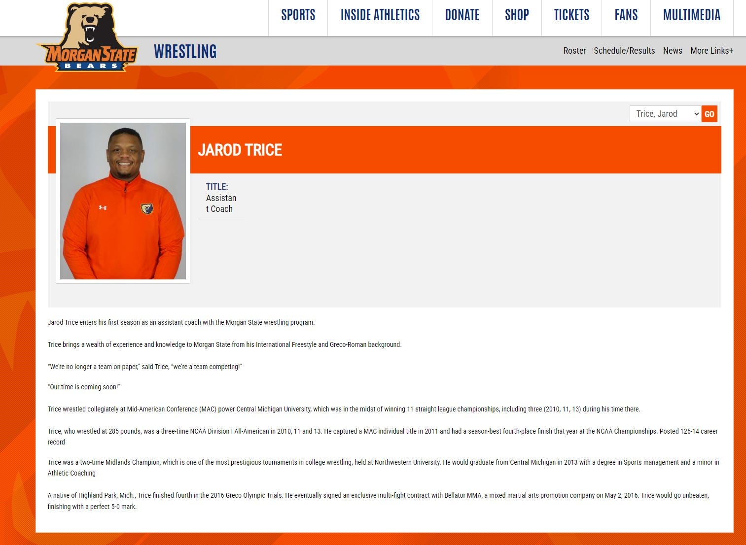 Jarod Trice: Asst. Wrestling Coach at Morgan State University