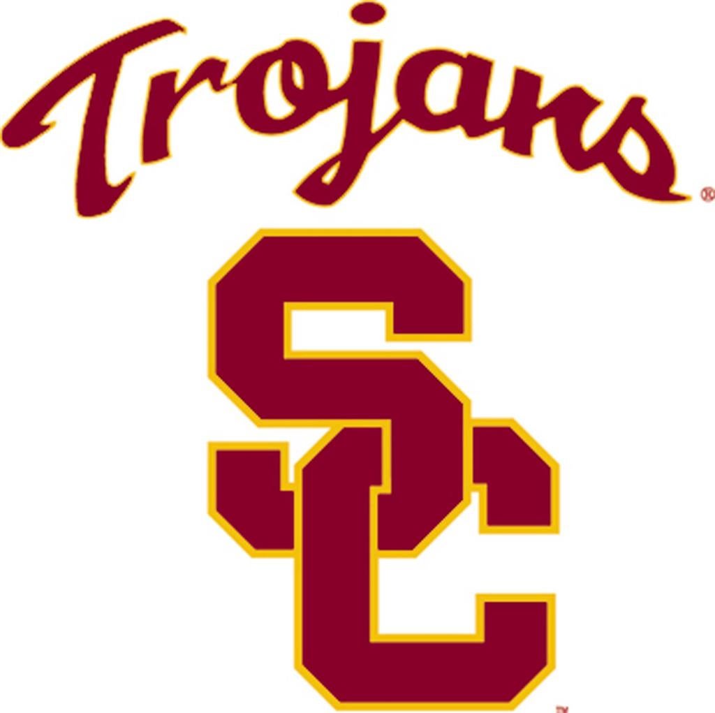 Official hat, shirt, and backdrop -- is the "Trojans" in cursive ...