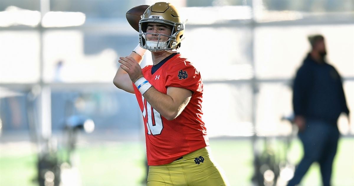 Notre Dame freshman QB Drew Pyne throws at first spring practice