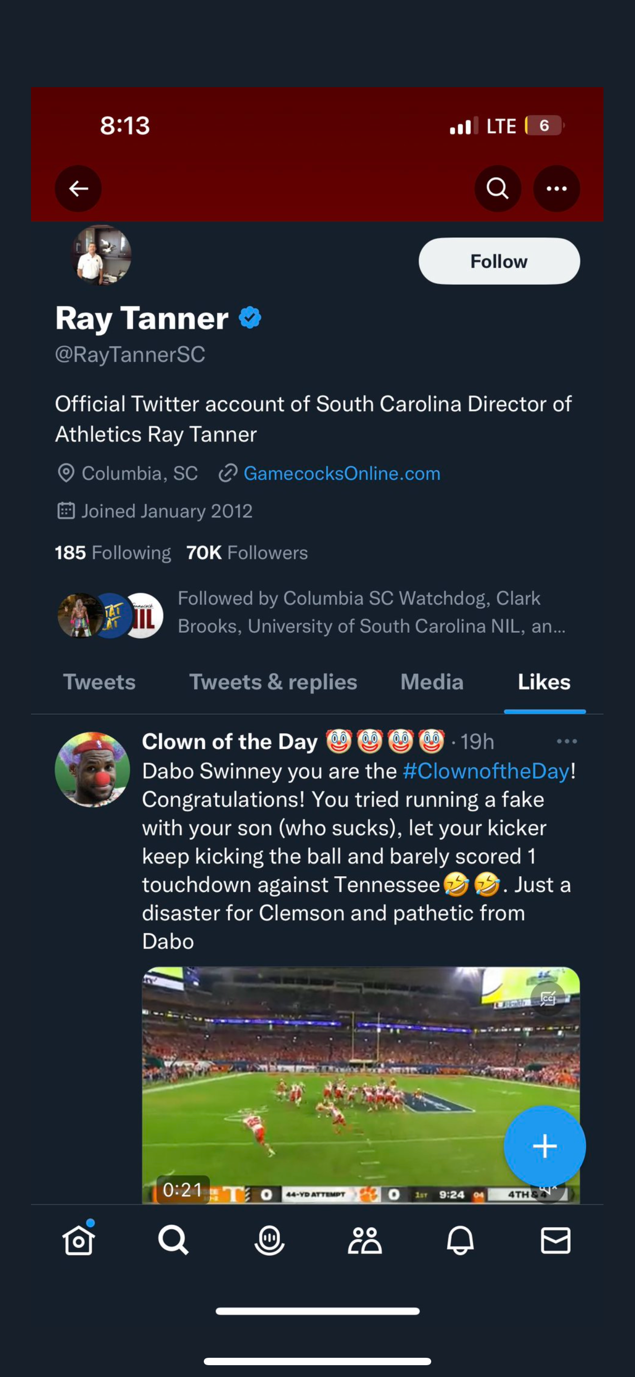 Ray Tanner Liked Tweet (Clemson)