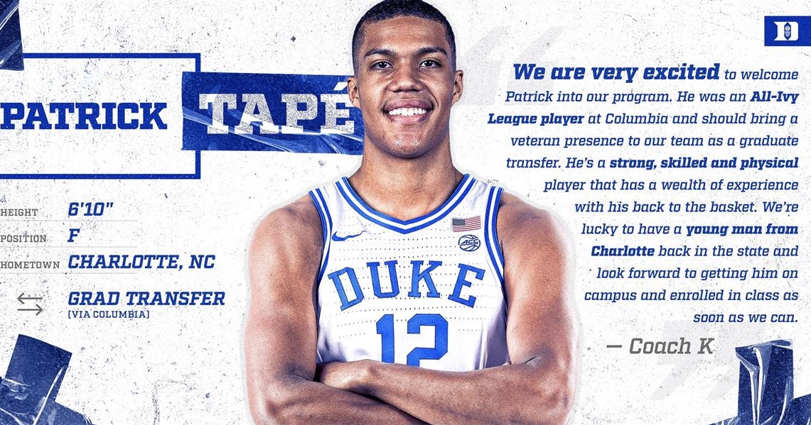 Duke officially welcomes graduate transfer Patrick Tape