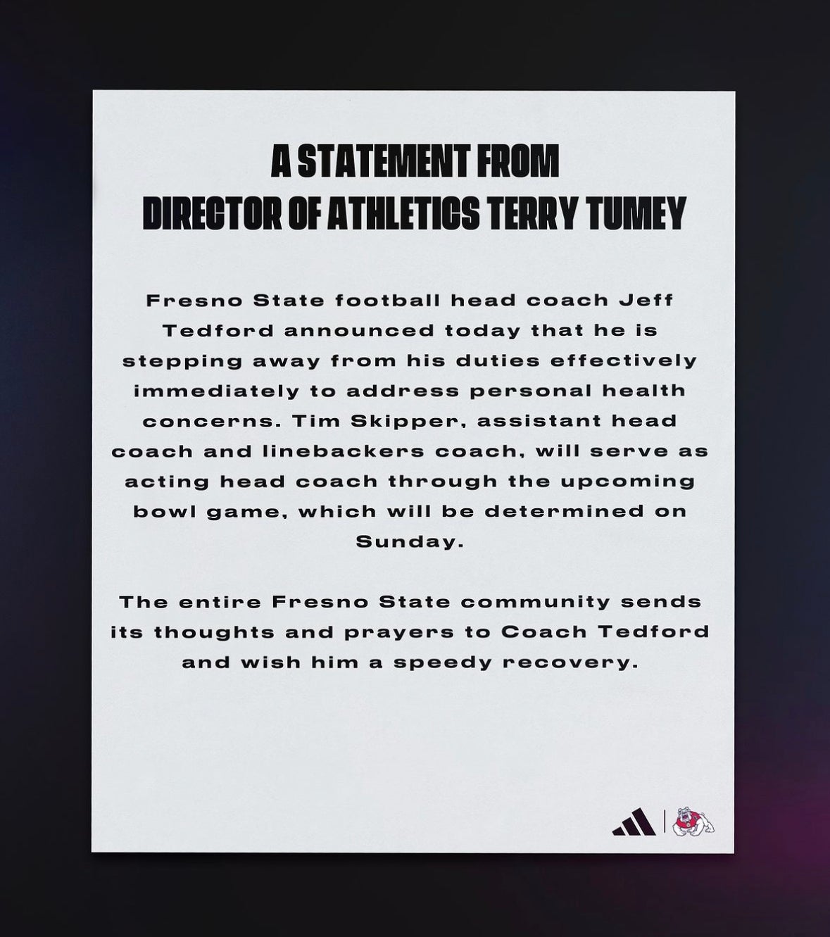 Fresno State coach Jeff Tedford 'stepping away' due to health concerns