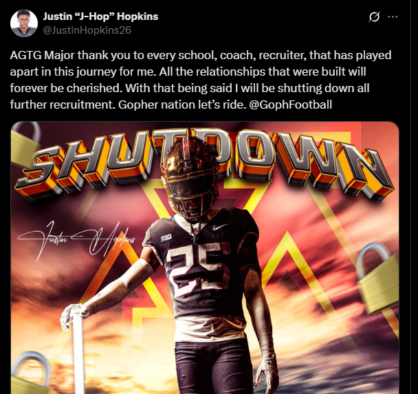 CB Justin Hopkins shuts his recruitment down completely and is firm ...