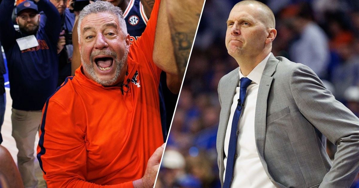 Auburn coach Bruce Pearl playfully jabs Mark Pope, Kentucky after Miles ...