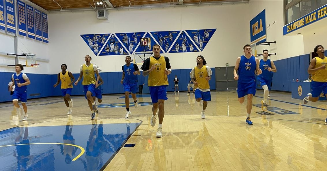 UCLA basketball practice video featuring boxouts, rebounds, and fast breaks