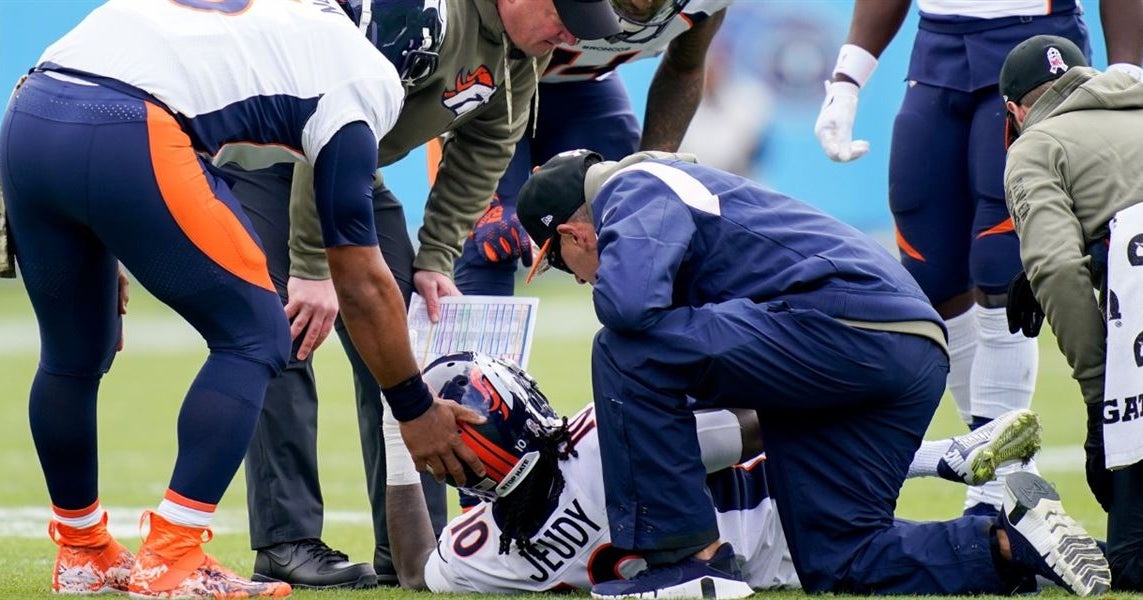 Jerry Jeudy exits Broncos vs. Titans with ankle injury, carted off ...