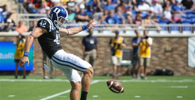 Duke starting kicker and punter Austin Parker kicked off team