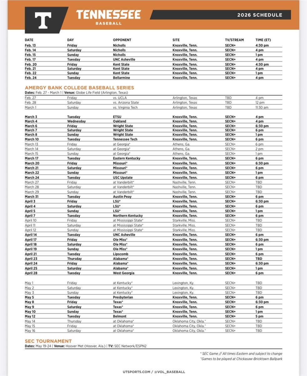 Tennessee baseball releases schedule for 2026 season