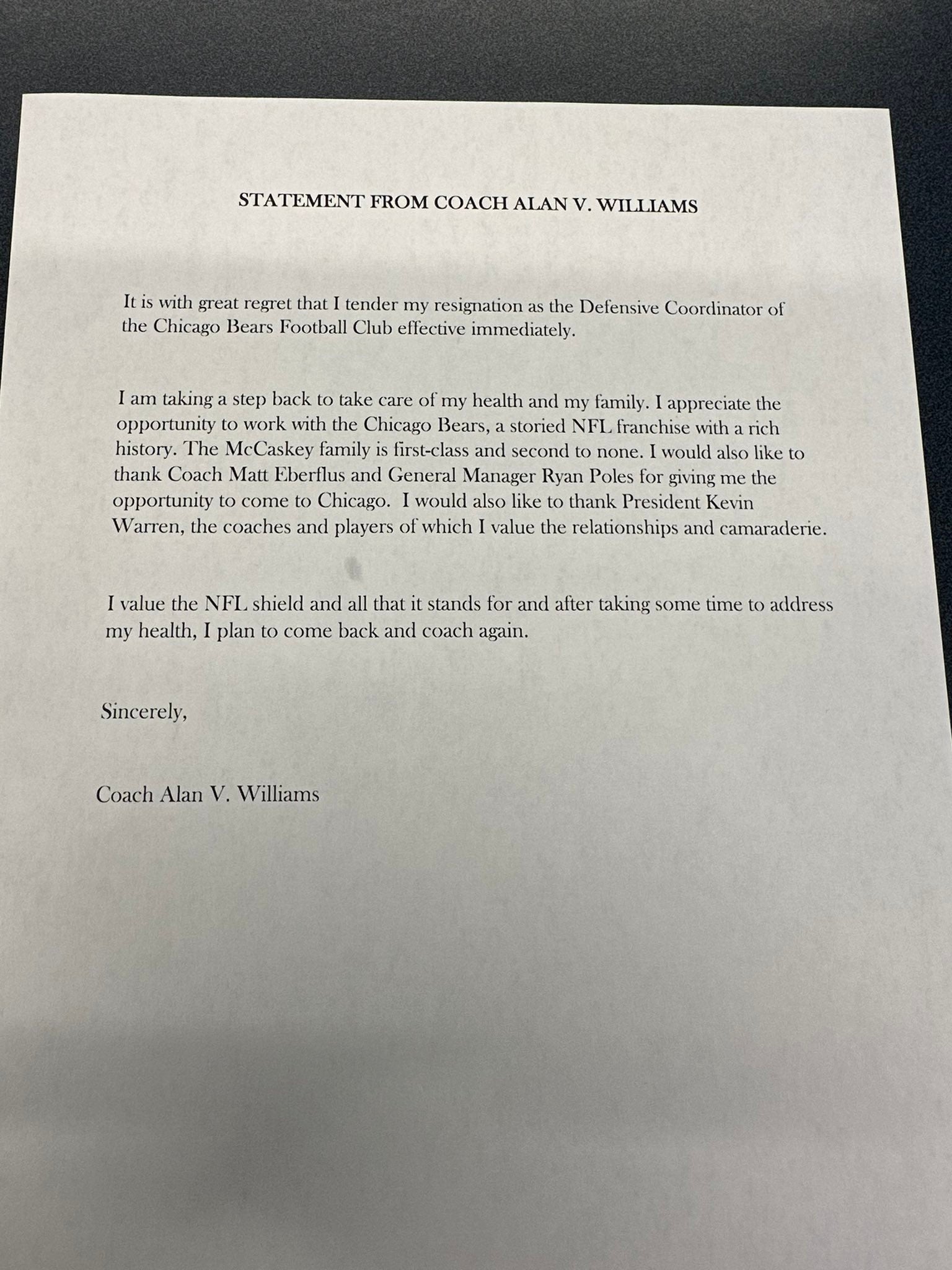 Alan Williams resigns as defensive coordinator for Chicago Bears