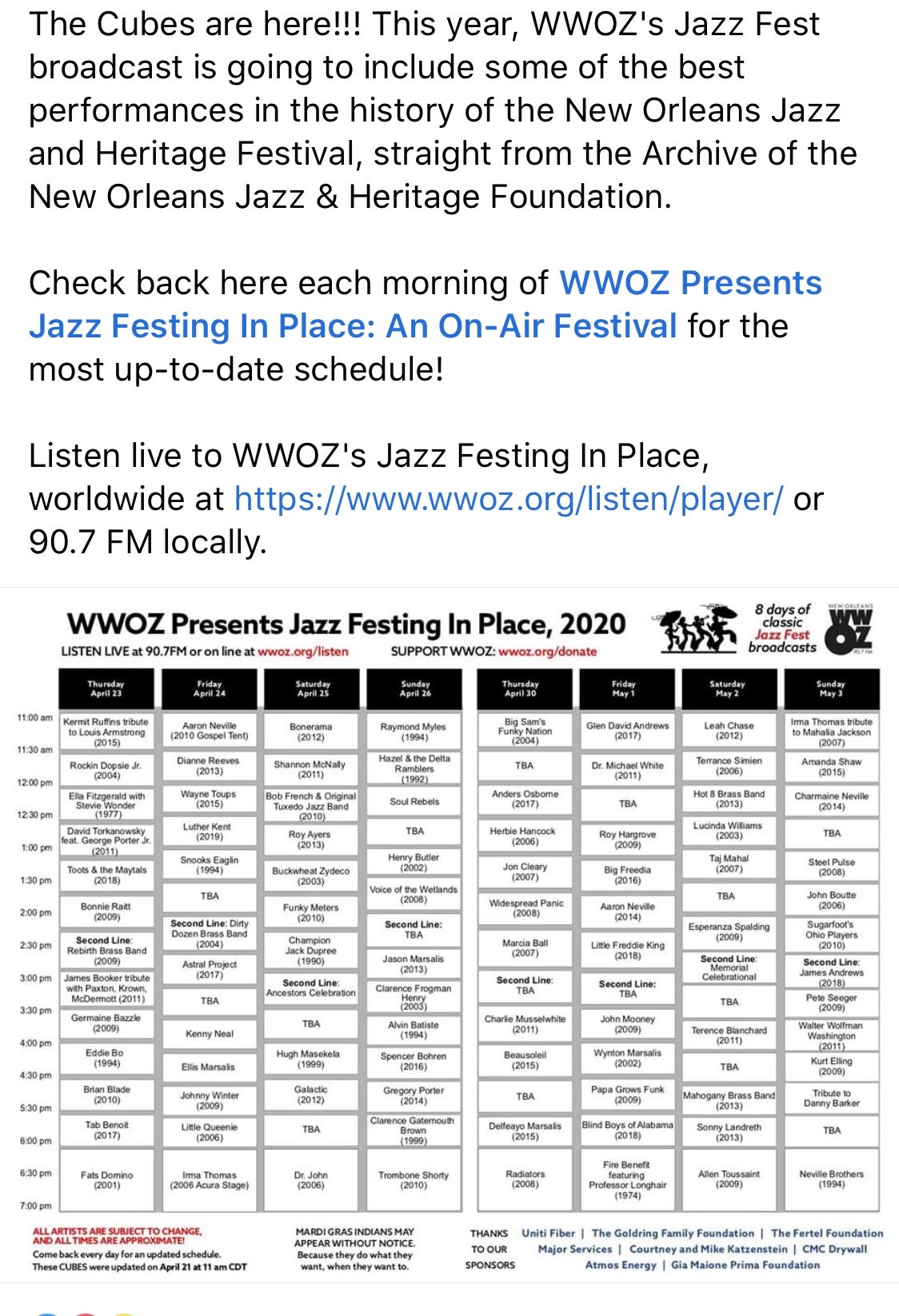 WWOZ streaming Jazz Fest starting today