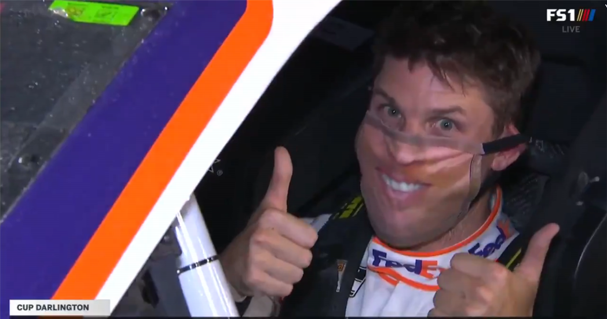 Denny Hamlin sports funny mask after winning at Darlington