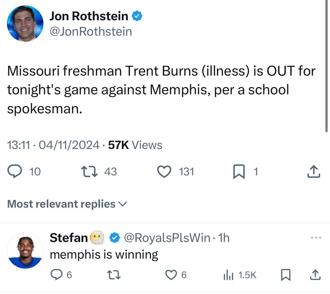 Game Thread Missouri Tigers at Memphis Tigers, Mon. Nov. 4