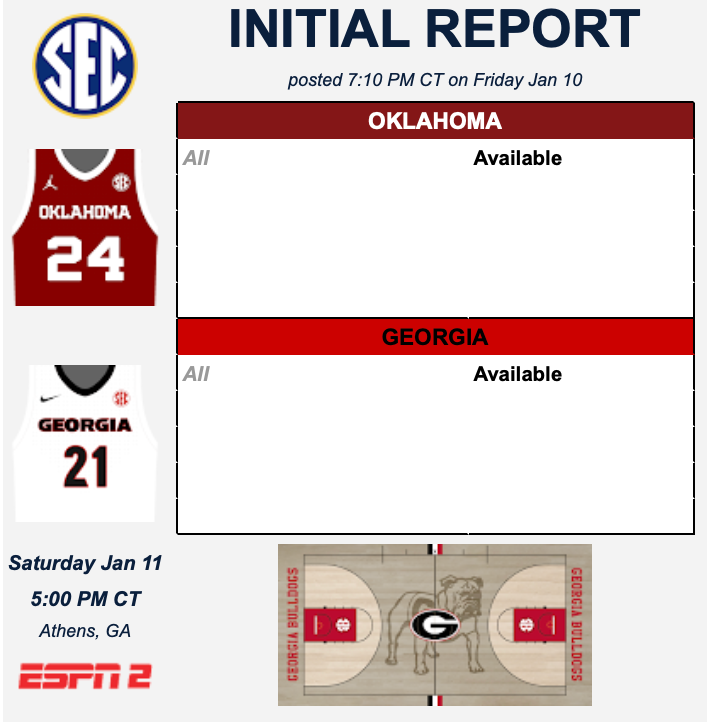 ***UGA basketball availability vs. Oklahoma