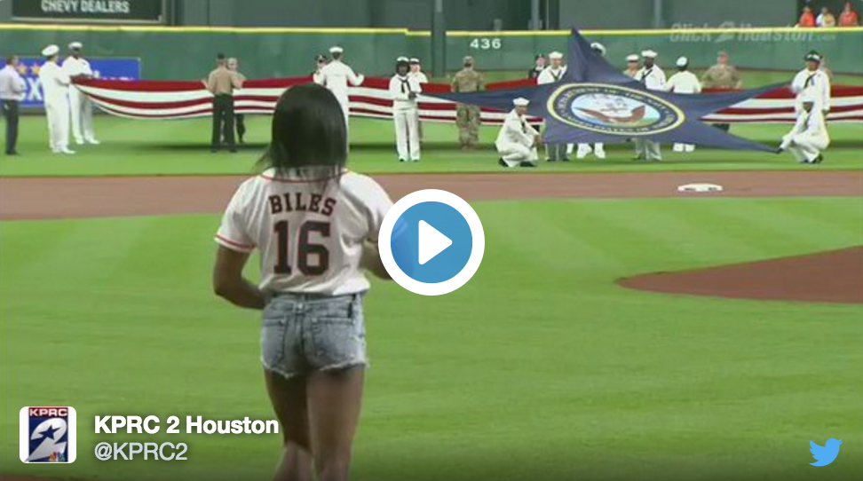 WATCH: American gymnast does flip before throwing first pitch