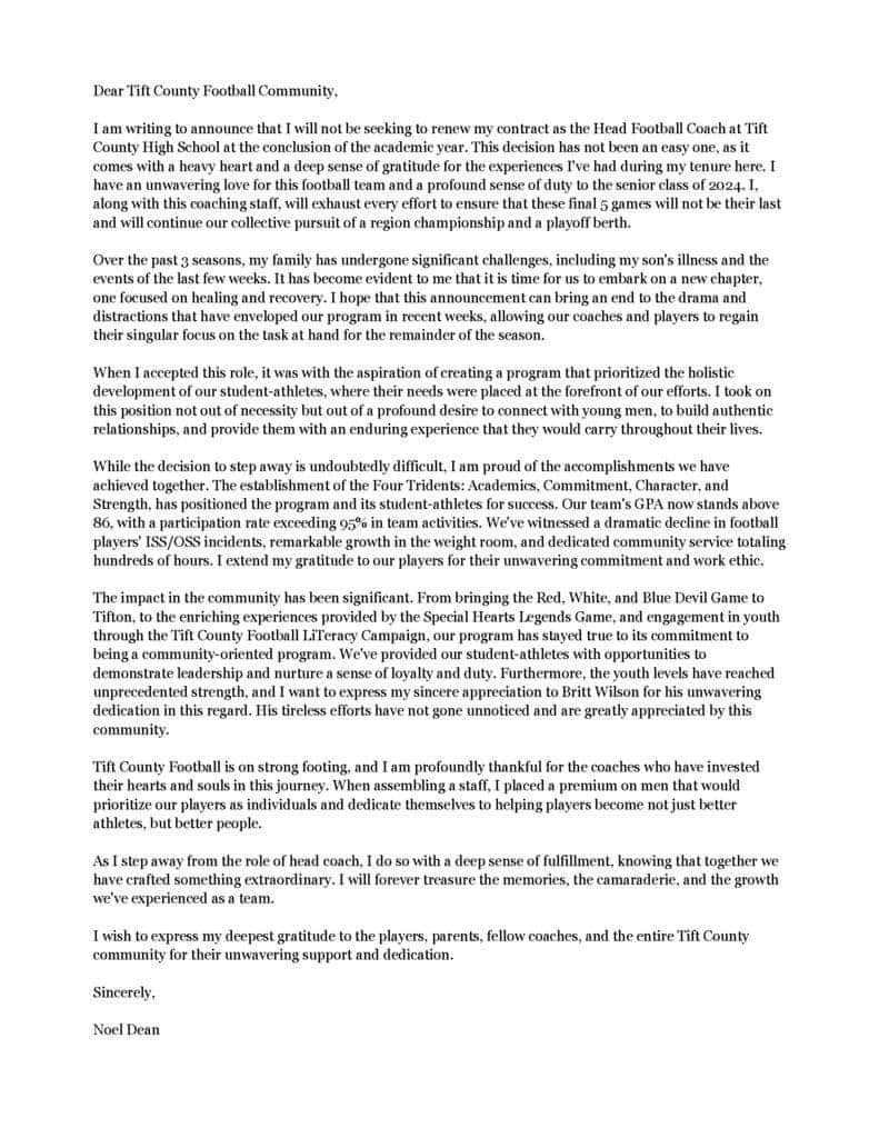 Noel Dean resignation letter.