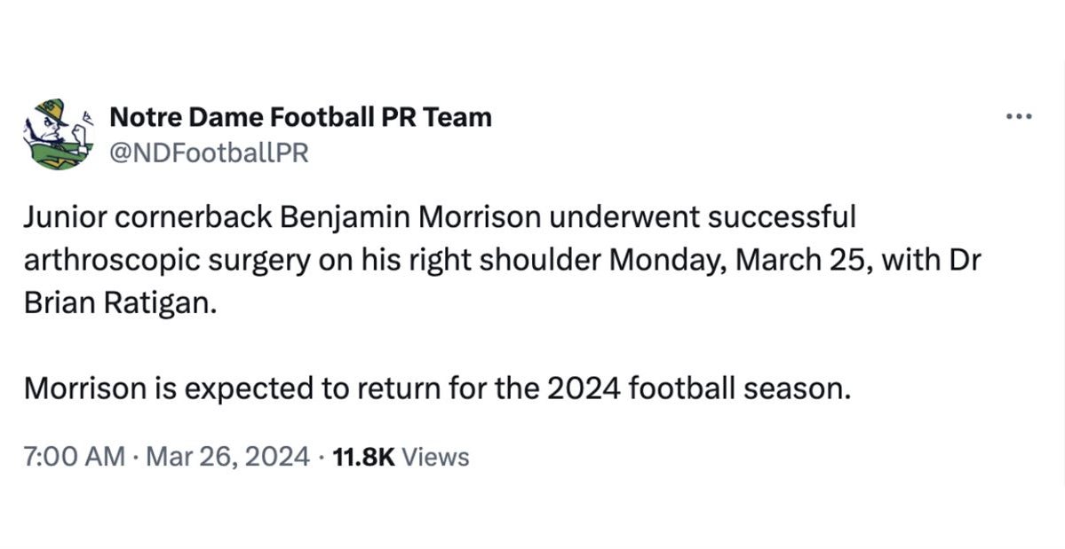 Notre Dame’s Benjamin Morrison Has Shoulder Surgery Ahead of 2024 Season