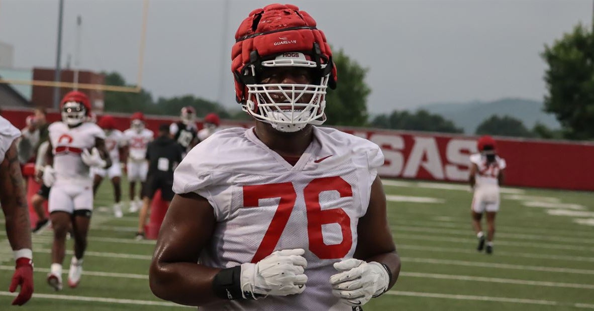 E'Marion Harris settling in at right tackle for Arkansas O-line
