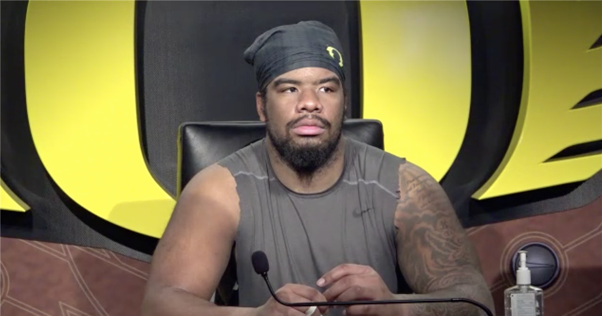 Watch: Oregon OL George Moore talks ahead of Washington