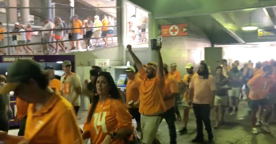 Tennessee fans celebrate inside Tiger Stadium after beating LSU