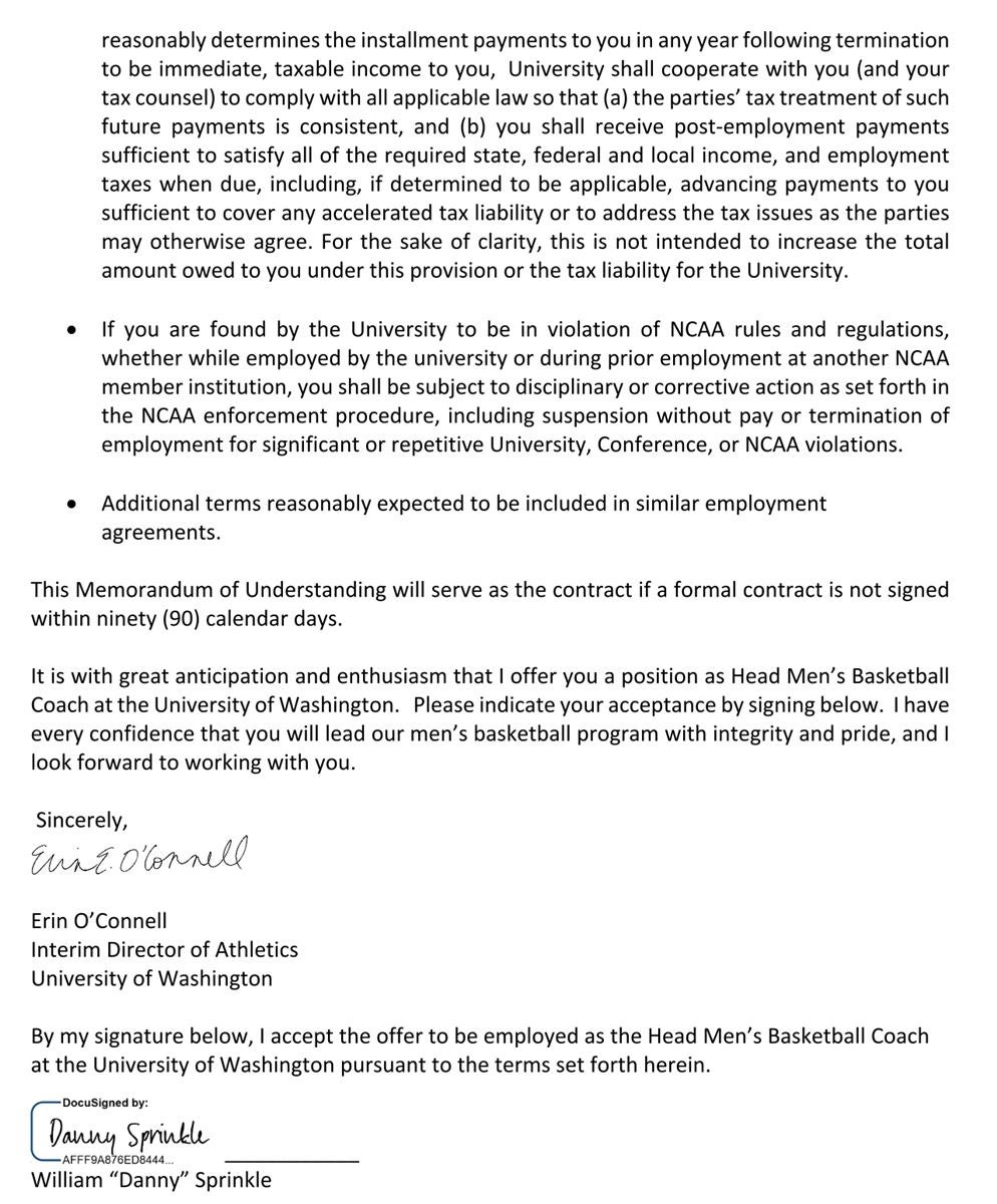 Details of Danny Sprinkle's MOU released