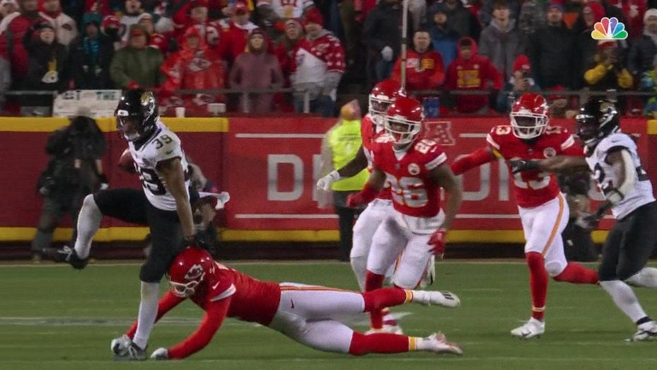 Harrison Butker with a touchdown saving tackle.