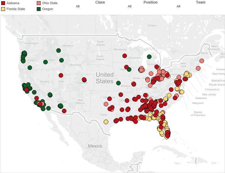 Here's a map of where the players in the CFB Playoff come from