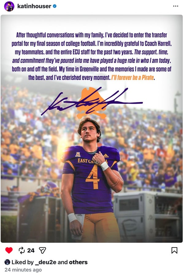 ECU coach Blake Harrell shares his reaction to Katin Houser’s departure