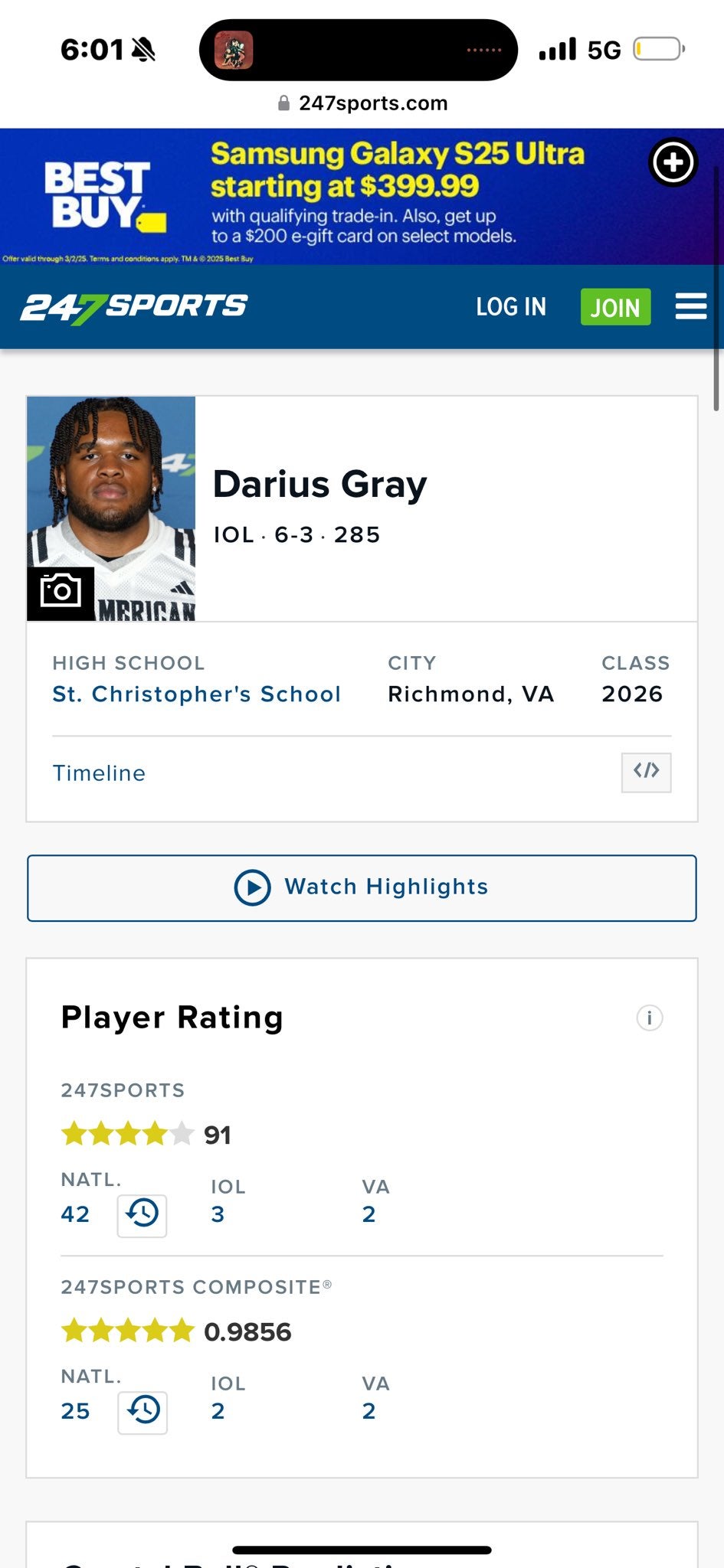 OL target Darius gray is a 5 star now
