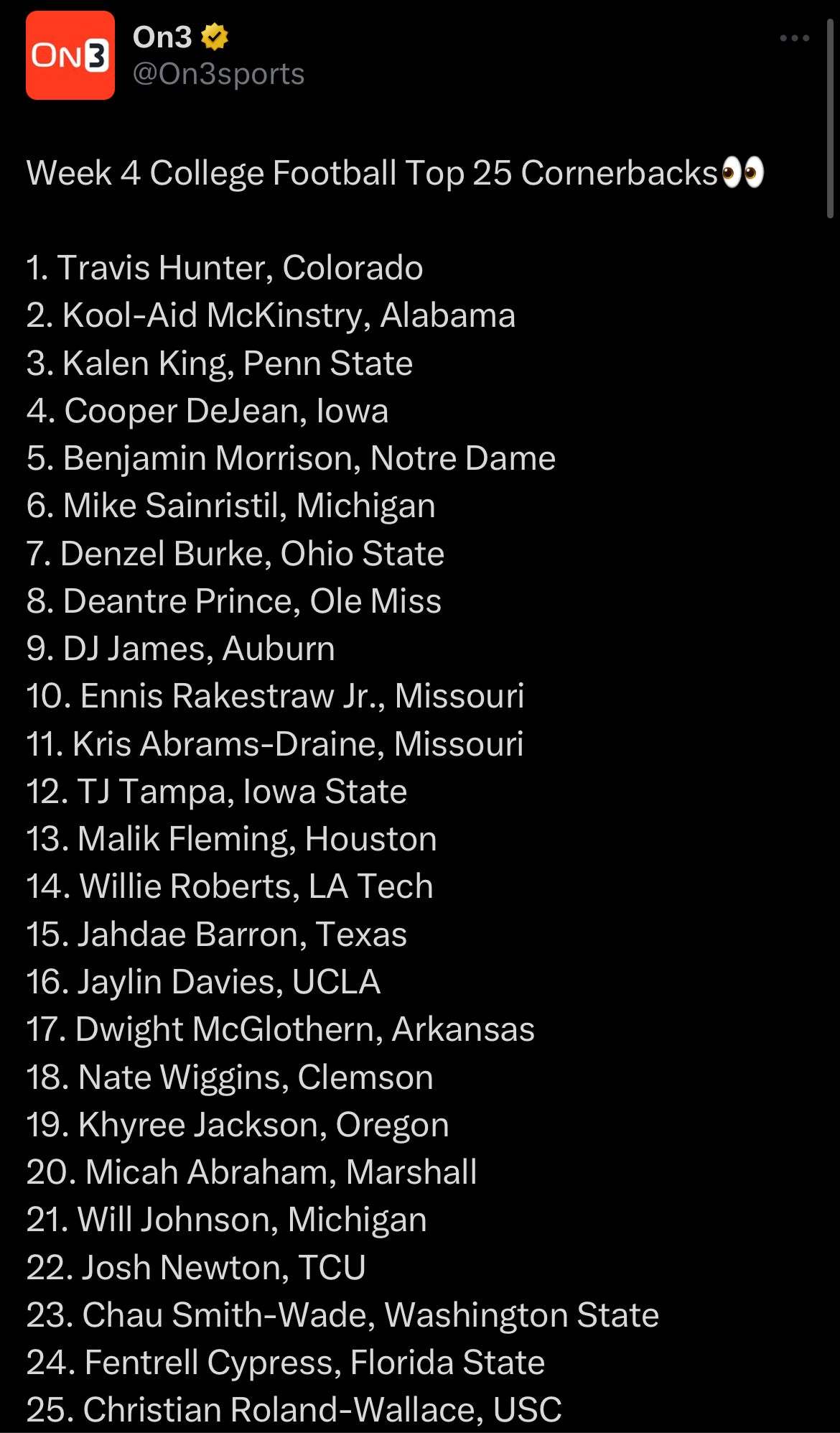 ON3 Week 4 Top 25 Cornerbacks…