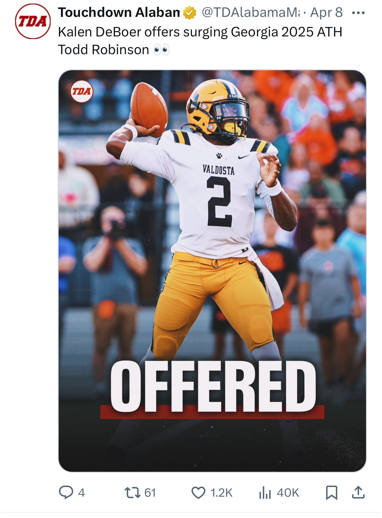 Valdosta’s Todd Robinson, Prince Jean- Alabama offered