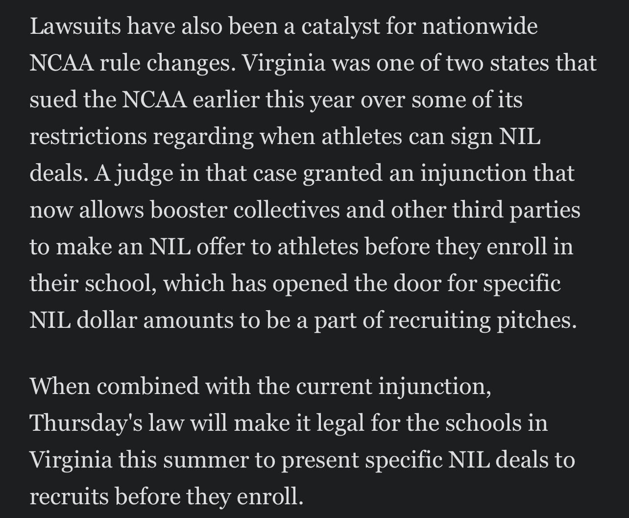 NIL law getting signed today in VA