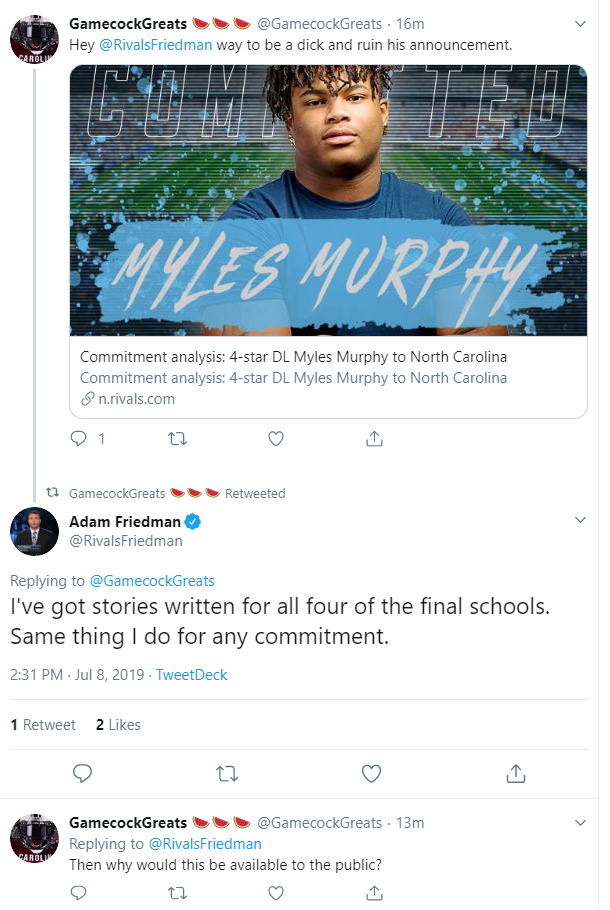 Rivals posted an article titled Myles Murphy to UNC