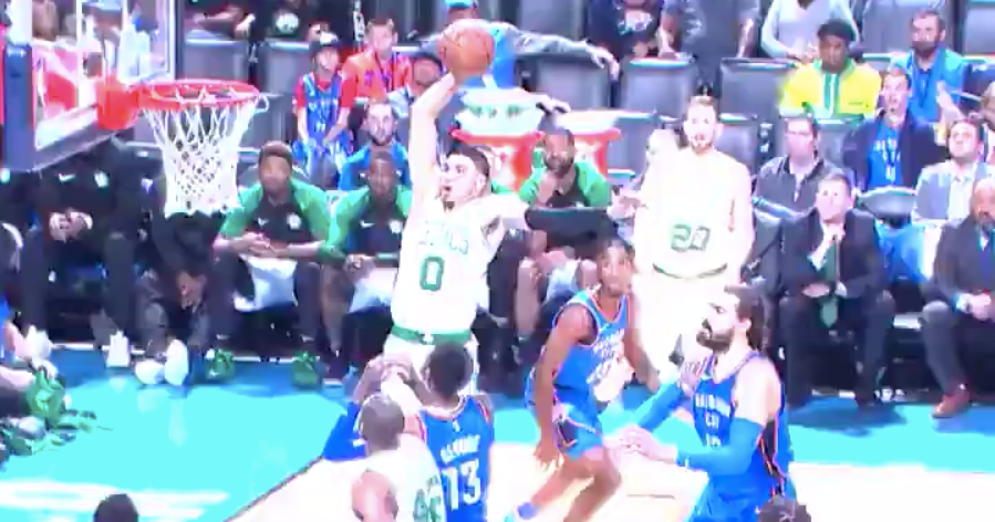 Jayson Tatum pulls off one-handed poster dunk on Paul George