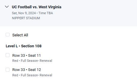 Bearcats Ticket Exchange - West Virginia (11/9 - Noon)