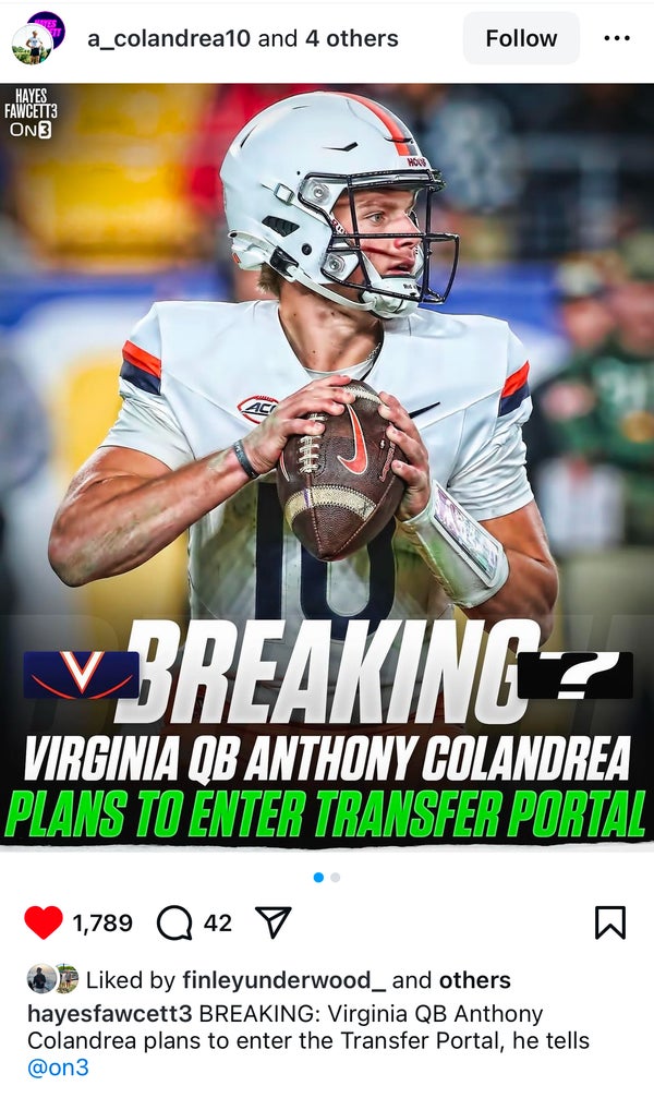 Sources: Virginia QB Anthony Colandrea to enter the portal