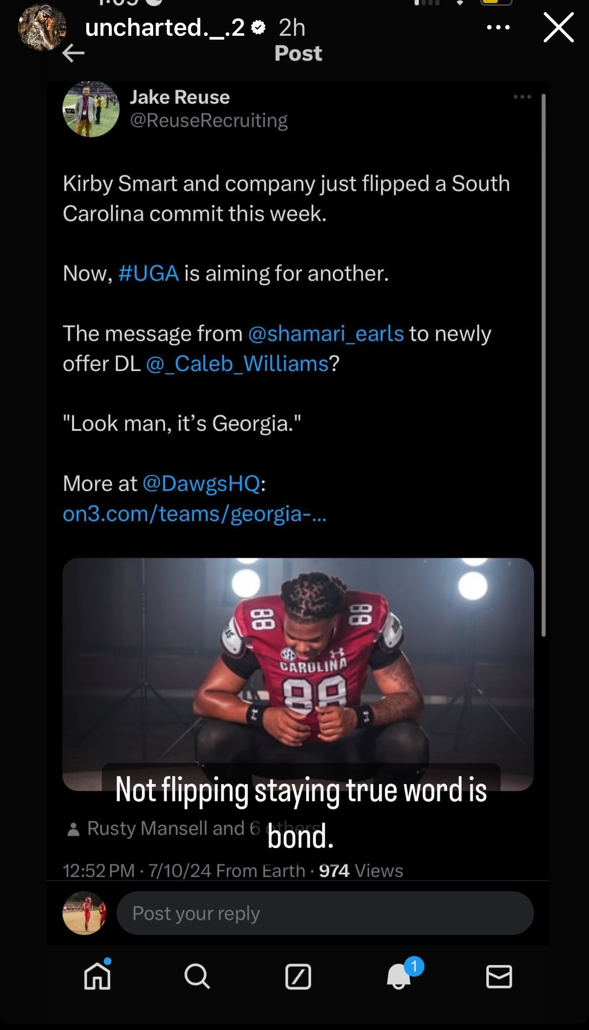 Caleb Williams Instagram Story