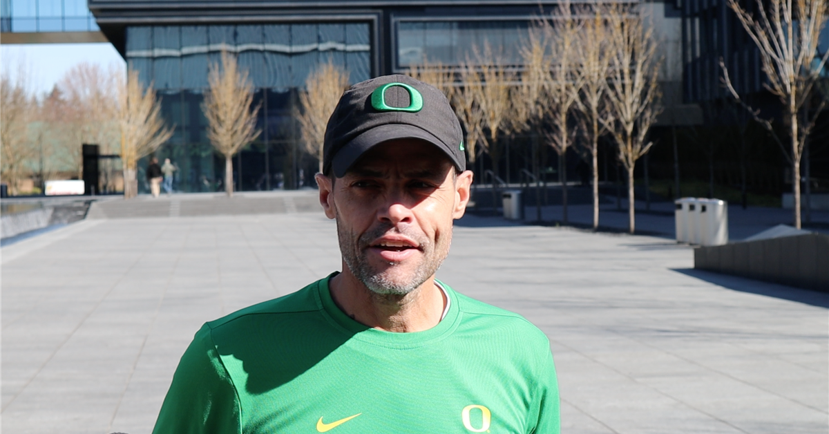 OL coach Alex Mirabal talks after Oregon's 4th spring practice