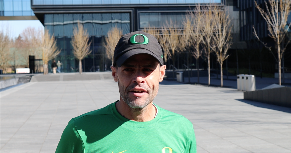 OL coach Alex Mirabal talks after Oregon's 4th spring practice