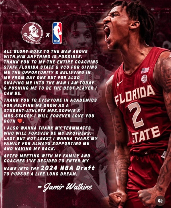 FSU Basketball: Jamir Watkins, who had already declared for 2024 NBA ...