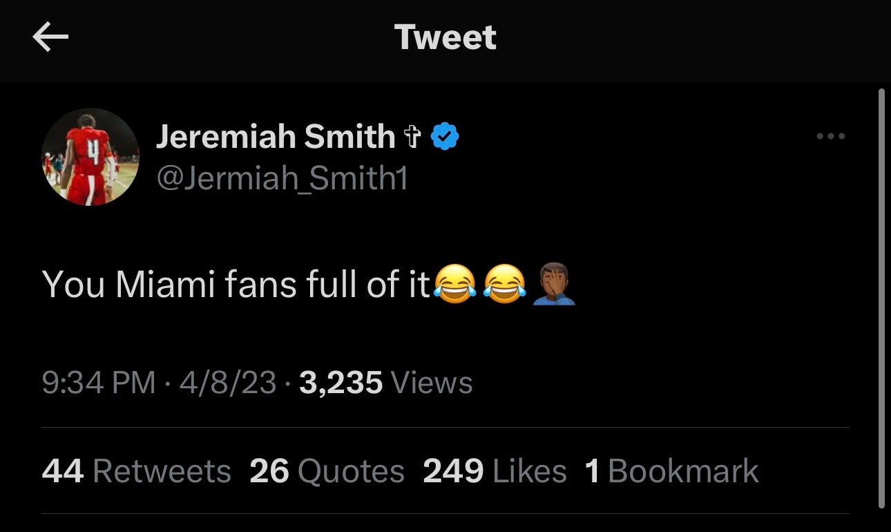 Jeremiah Smith at Miami for a 2 day visit