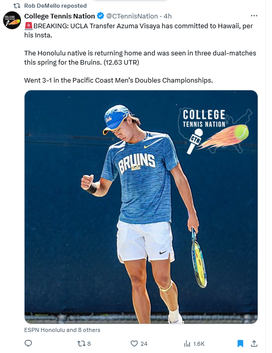 Hawaii men's tennis gets UCLA transfer, A Visaya