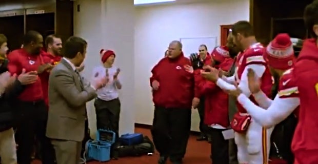 See the Chiefs locker room celebration after win over the Colts