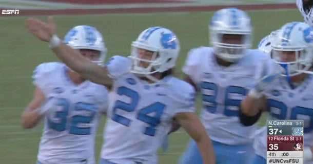 UNC kicker tomahawk chops after game-winning FG vs. FSU